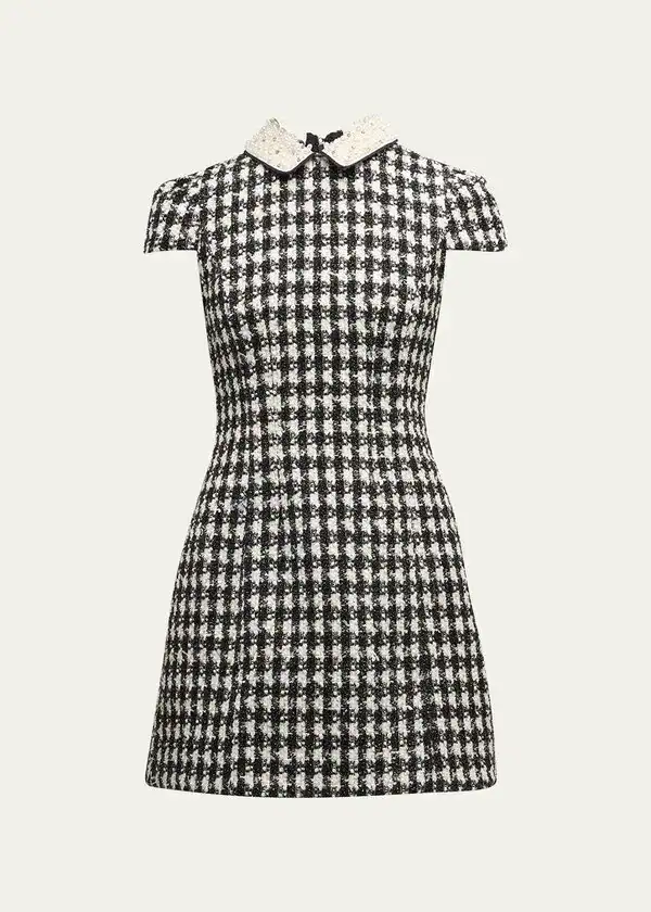 WOWULOVELY Women's Tweed Mini Dress With Half Zip & Pockets - Short Sleeve A-Line Dress - View #13